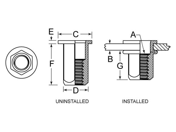 Rivet Nut Hex FHL M6-1.0 x 6.0 Low Carbon Steel Z3