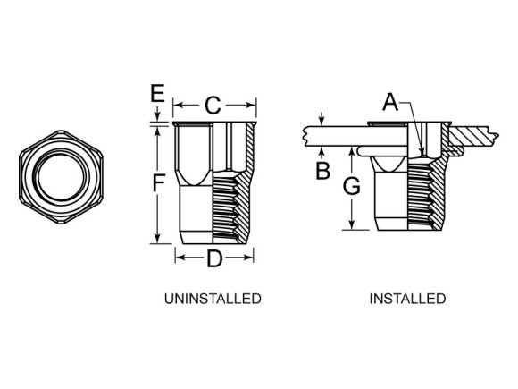 Rivet Nut Half Hex HUKO M5-0.8 x 3.0 Stainless Steel PV
