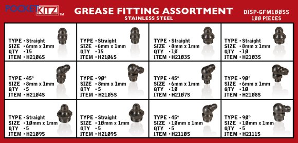 Grease Fitting Metric Stainless Steel Assortment 100pc