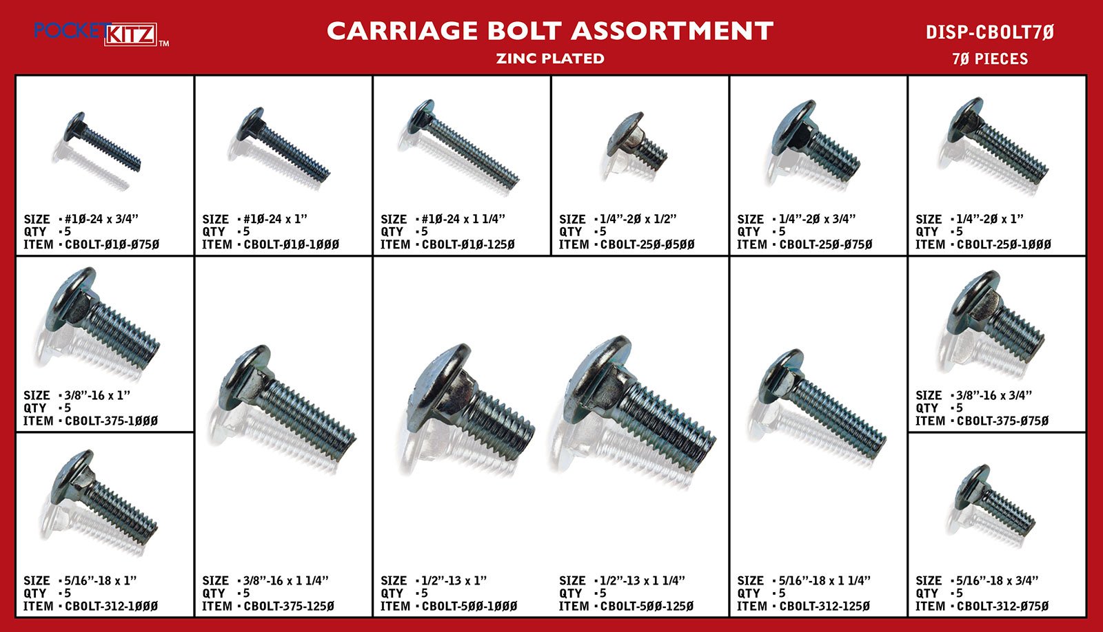 Carriage Bolt Asst CS ZC 70pc