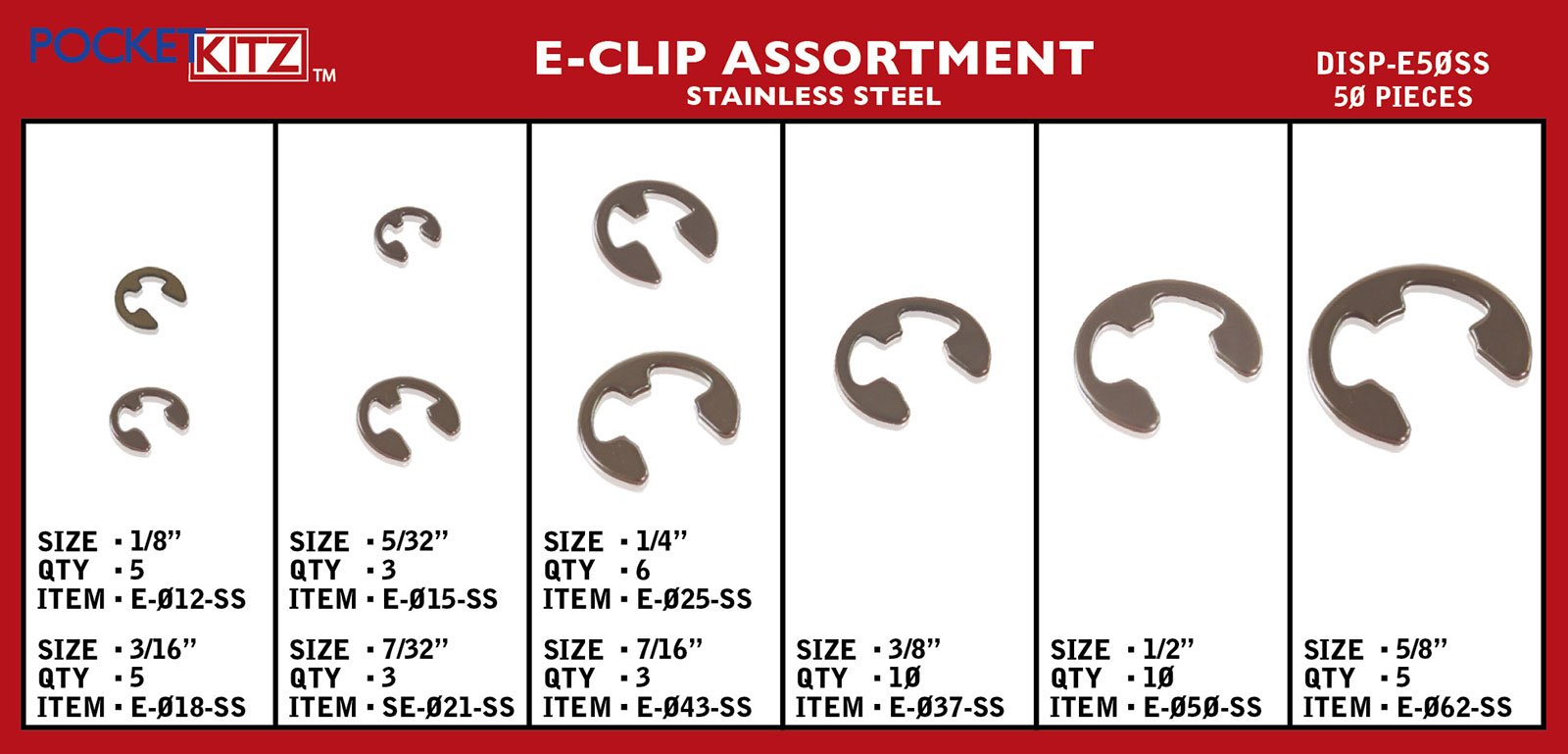 Retaining Ring E Clip Stainless Steel Assort 50pc