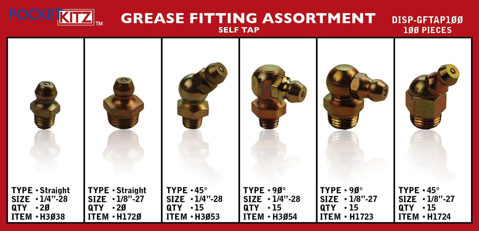 Grease Fitting Self Tap Assortment 100pcs