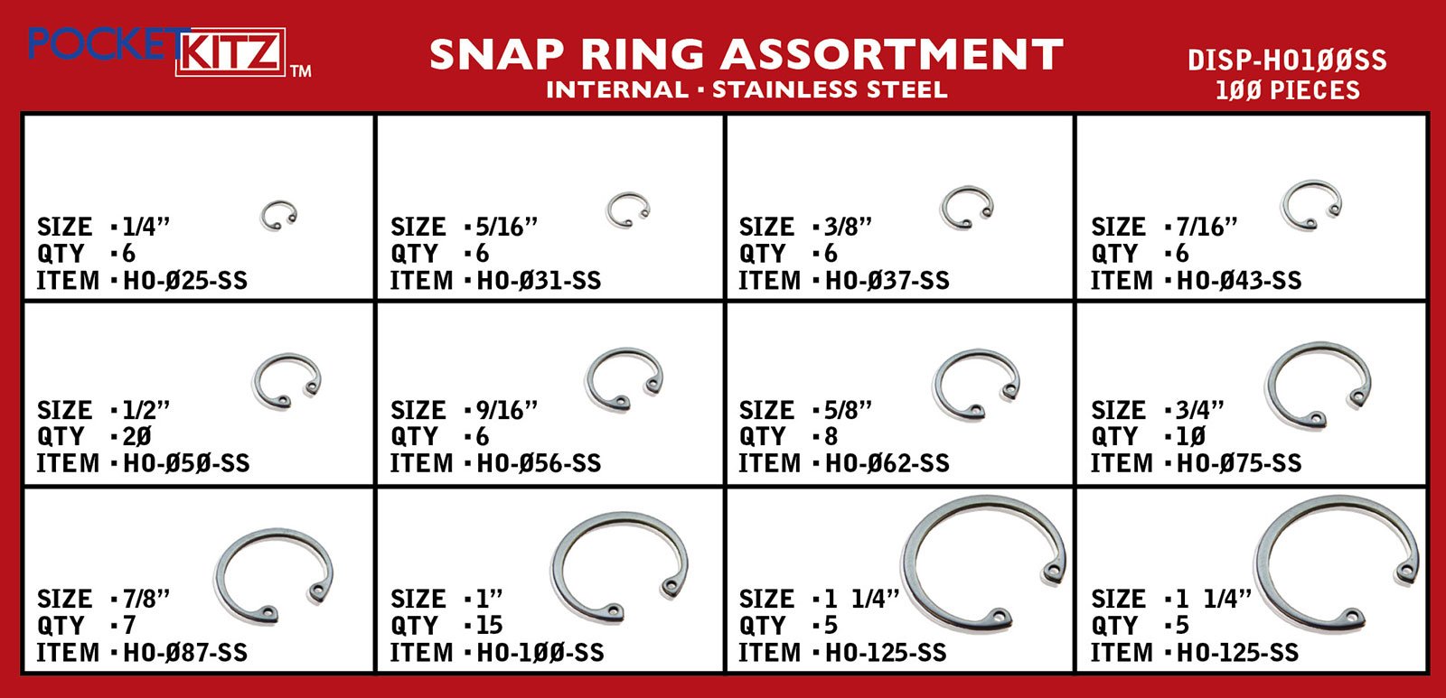 Retaining Ring Internal Stainless Steel Assort 100pc