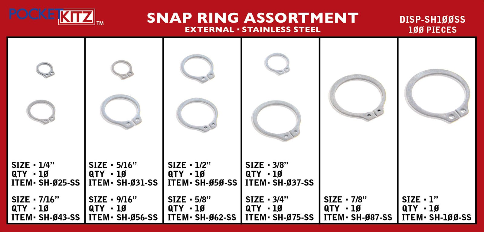 Retaining Ring External Stainless Steel Assortment 100pcs